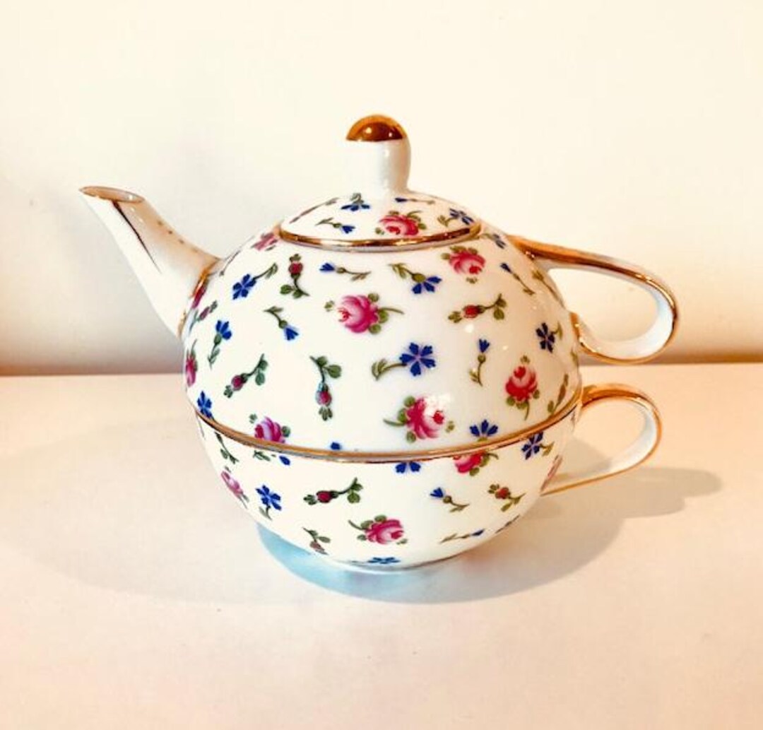 Vintage Nantucket 3 Piece Ceramic Floral Teapot, Cup and Lid Trimmed in ...