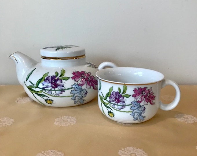 Vintage Nantucket Porcelain Teapot and Cup Trimmed in Gold With Floral ...