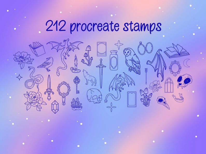 210+ Procreate Kawaii Fantasy Stamp Brushes: Dragons Gothic Doodles ...