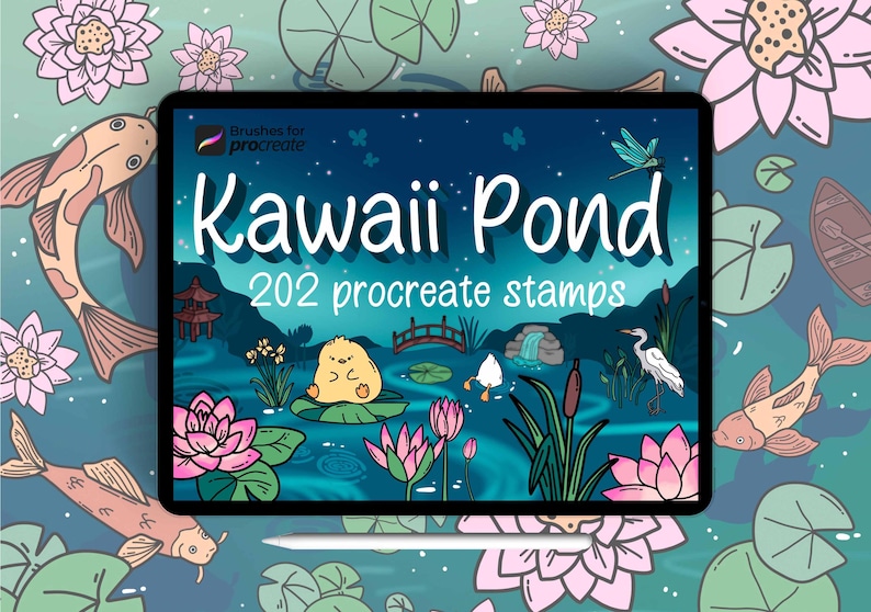 200+ Procreate Kawaii Pond Stamp Set: Frogs, Fish, Flowers and Garden ...