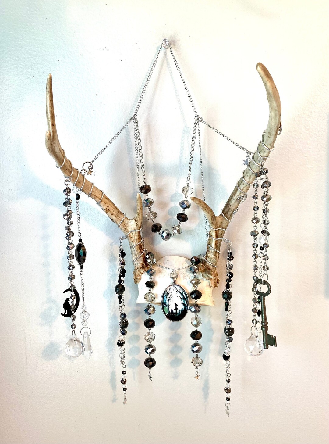 Antler Skull Cap Suncatcher the Raven Upcycled Jewelry Wall Art on Deer ...