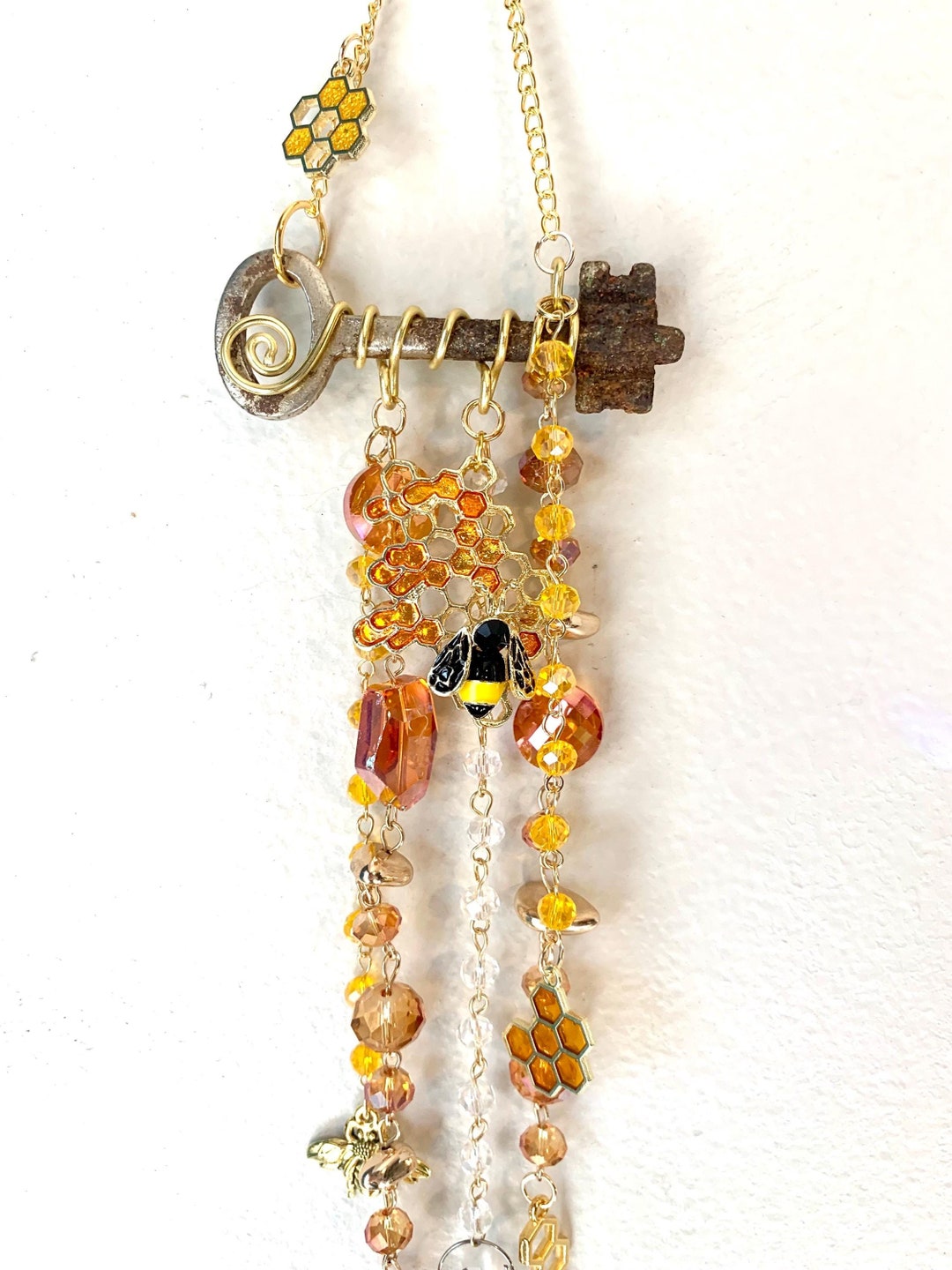 Bee Suncatcher Honey Bee Vintage Skeleton Key, Sparkly Upcycled Jewelry ...