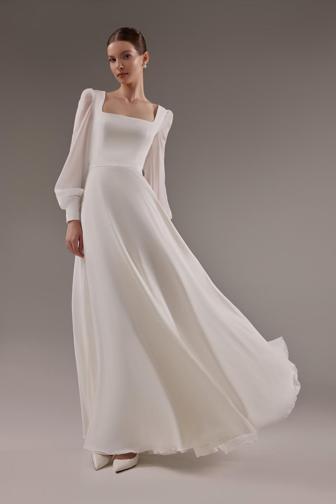 Modest A-line Square Neck Wedding Dress Edita With Long Bishop Sleeves ...