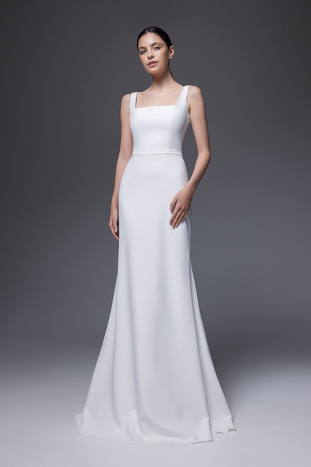 Modest Wedding Dress BETHANY. Fit & Flare Silhouette Square Neckline Crepe Wedding Dress ...