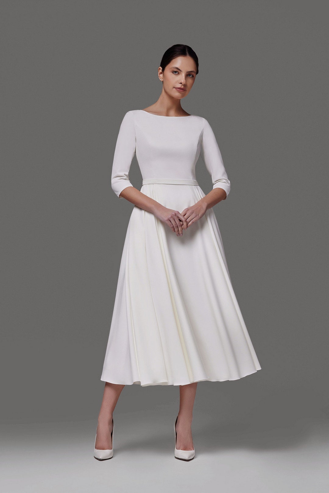 Midi Crepe Wedding Dress Adri: Modest A-line Bridal Gown - Etsy