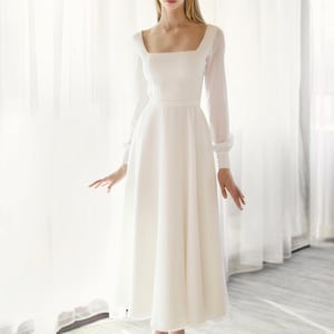 Minimalist Midi Wedding Dress Edison: Chiffon Sleeves, Modern Bridal ...