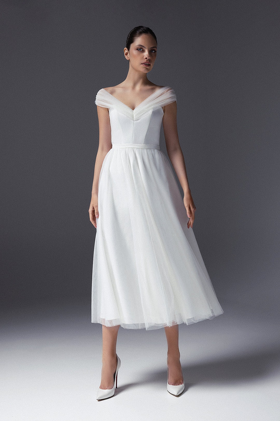 Midi Wedding Dress ROSA. Romantic White Dress Civil Wedding Dress ...