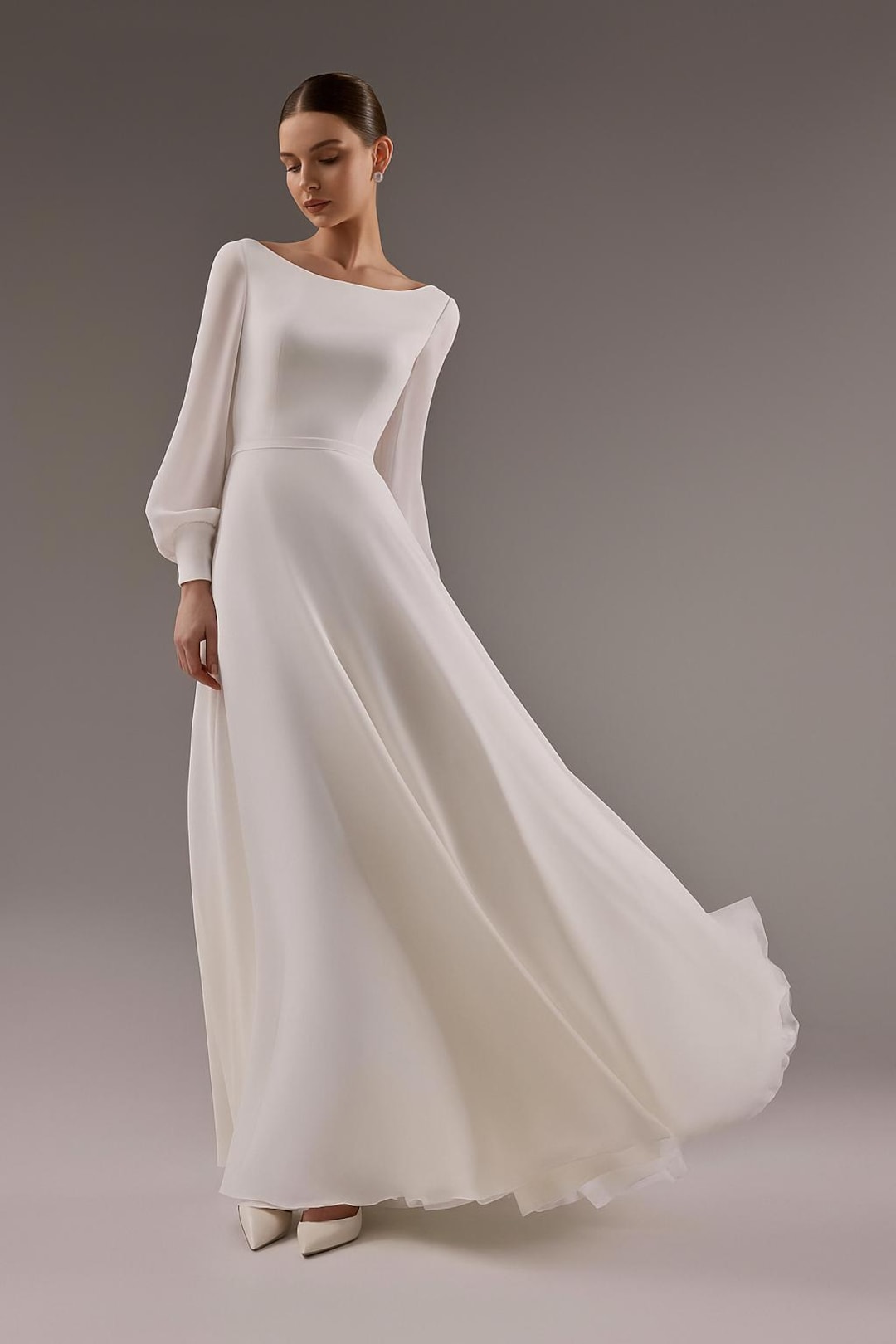 A-line Chiffon Off-white Wedding Dress Edita: Boat Neck Bishop Sleeves ...