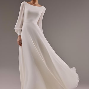 A-line Chiffon Off-white Wedding Dress Edita: Boat Neck Bishop Sleeves ...