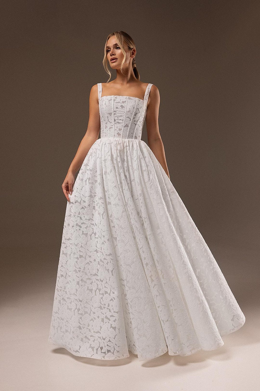 Lace A-line Wedding Dress Ruta: Modern Square Neck, Corset Bodice - Etsy