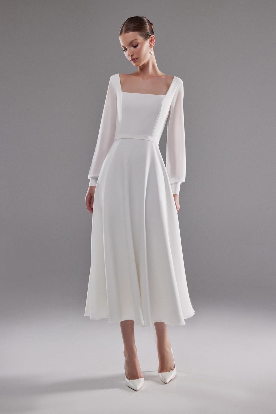 Minimalist Midi Wedding Dress Edison: Chiffon Sleeves, Modern Bridal ...