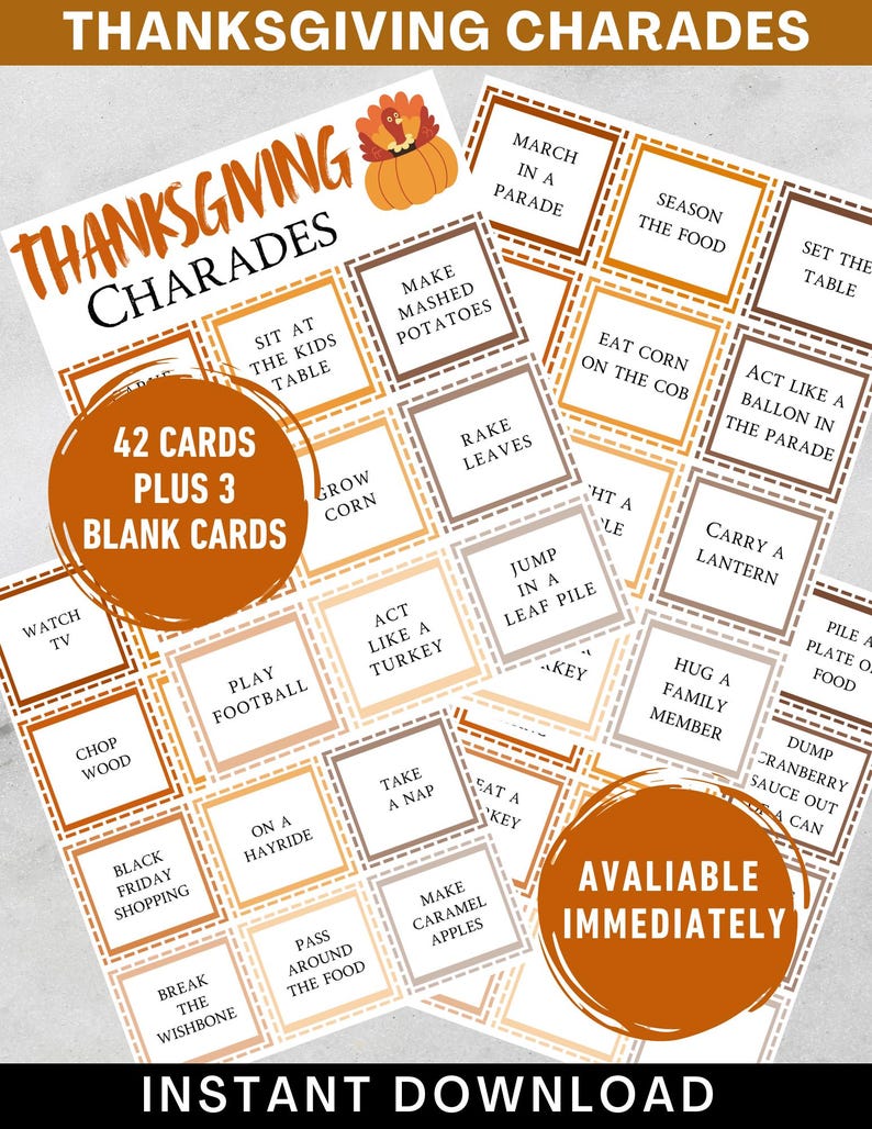 Thanksgiving Charades Game: 42 Printable Cards (PDF) - Etsy
