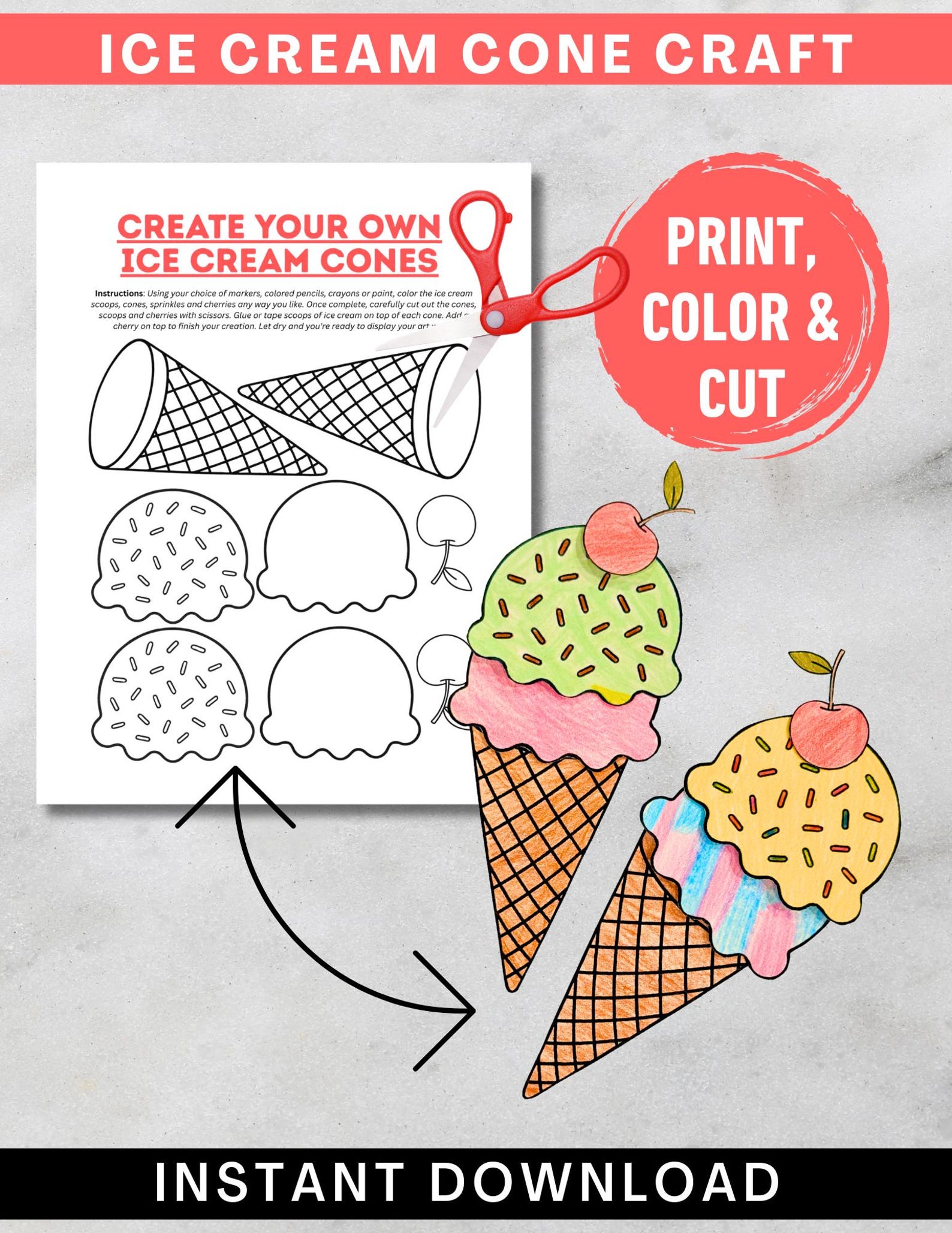 Printable Ice Cream Cone Craft: Kids Cut & Paste Activity (PDF) - Etsy
