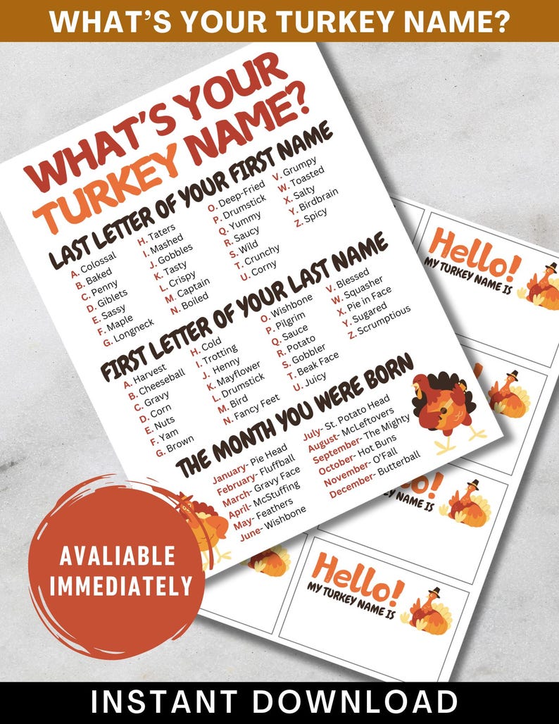 Thanksgiving Turkey Name Game: Printable Activity (PDF) - Etsy