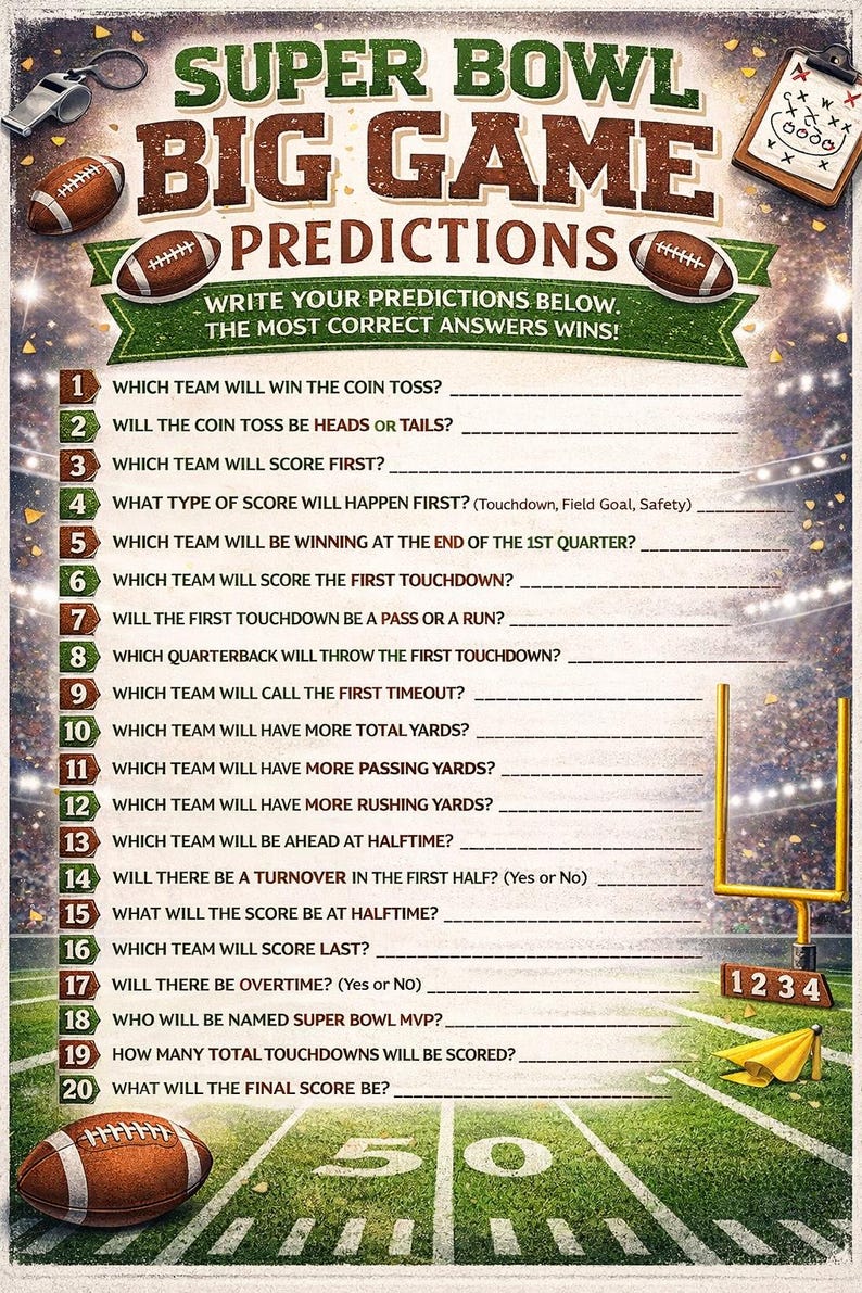 Super Bowl Party Game Printable | Big Game Predictions Sheet | Football ...