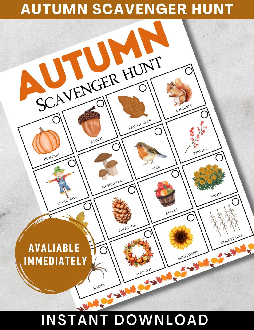 Autumn Scavenger Hunt for Kids: Printable Worksheet (PDF) - Etsy