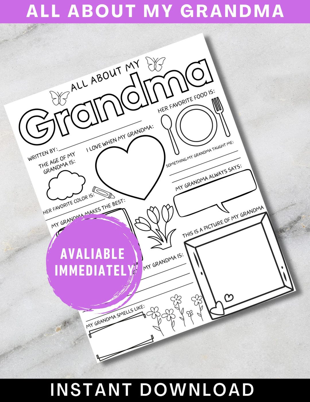 Grandma Gift: All About My Grandma Fill-in Coloring Page (digital ...