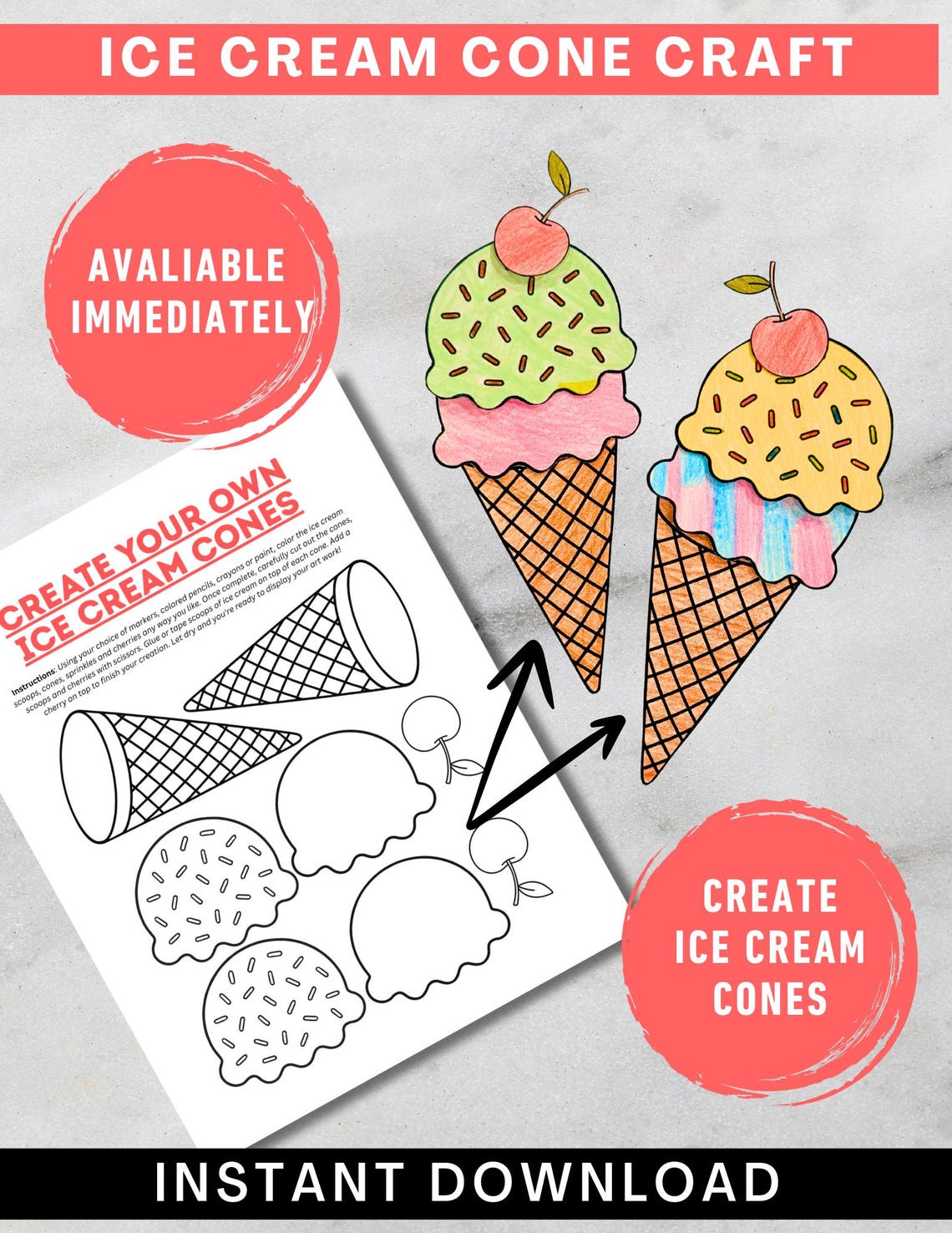 Printable Ice Cream Cone Craft: Kids Cut & Paste Activity (PDF) - Etsy