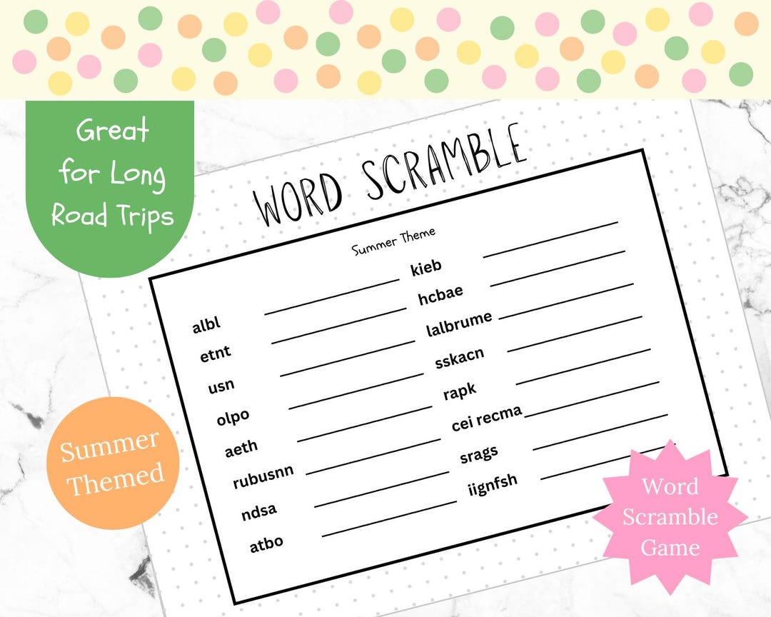 Summer Word Scramble, Travel Activity, Car Games, Children's Worksheet ...