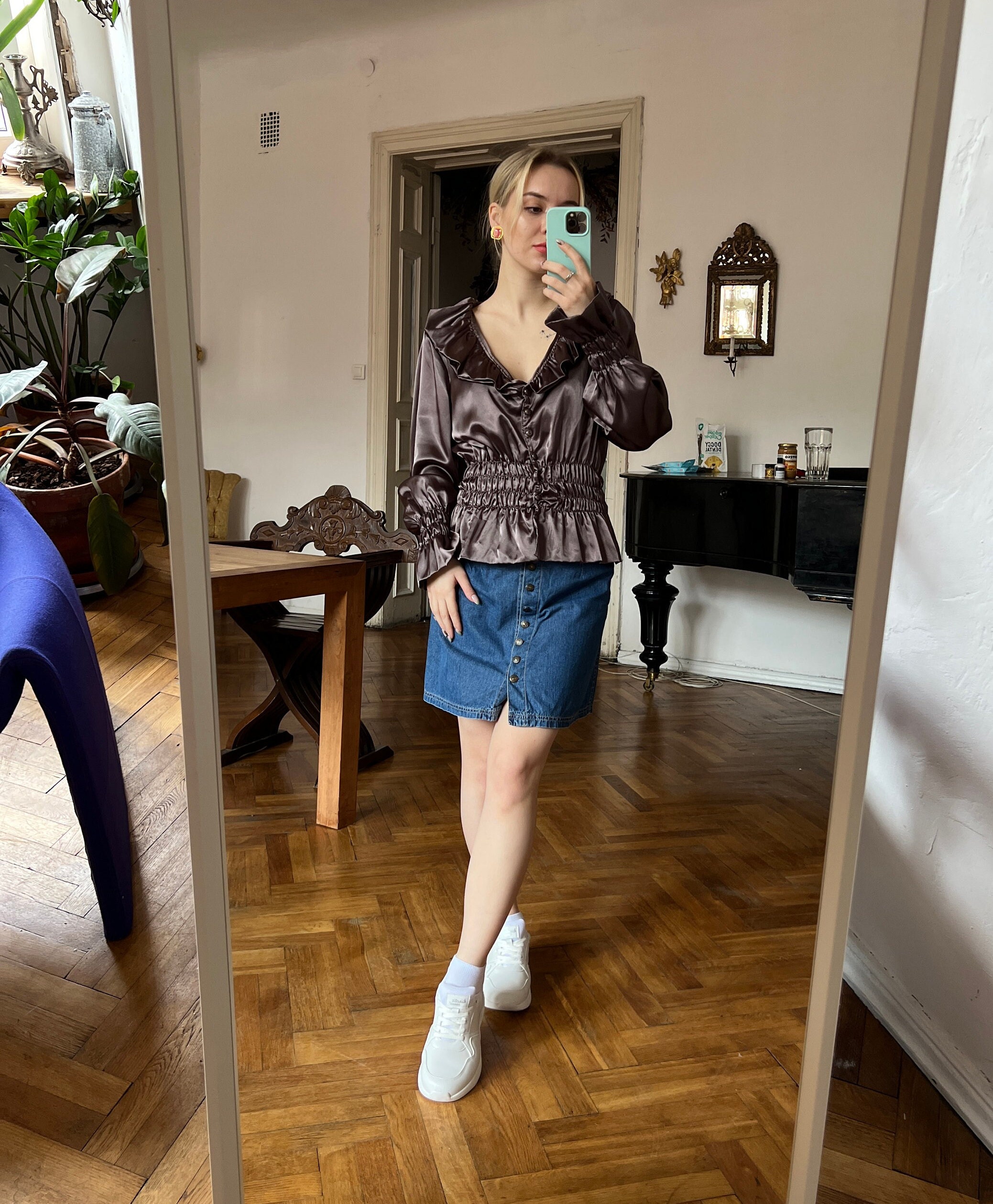 Vintage Grey Satin Ruffle Blouse Long Sleeve Silky Top - Etsy