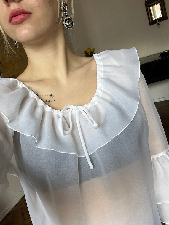Vintage White Sheer Ruffle Blouse, Semi-Sheer Top - Gem