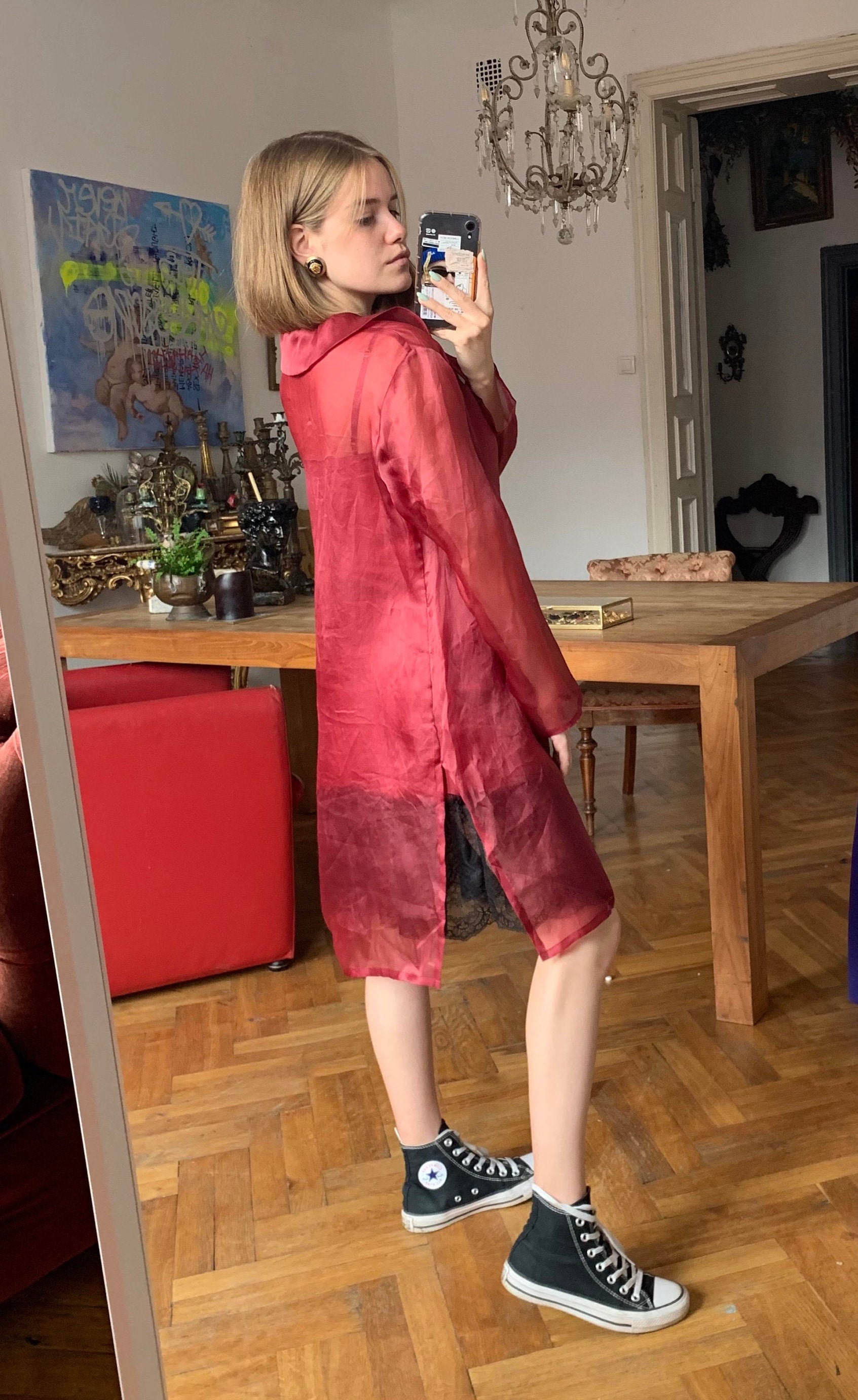 Vintage Red Sheer Blousechiffon Button up Long Shirt - Etsy