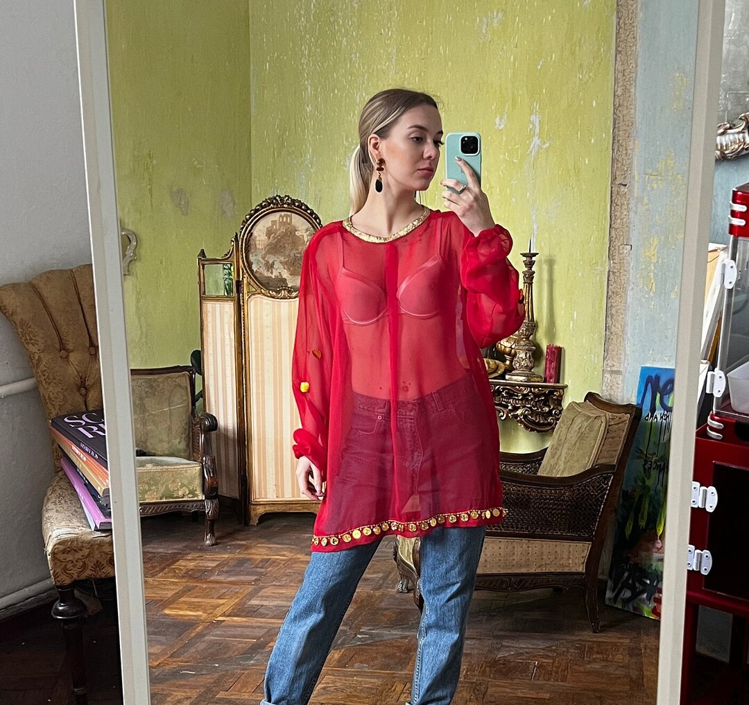 Vintage Red Sheer Long Blouse, Long Sleeve Semi-sheer Top - Etsy