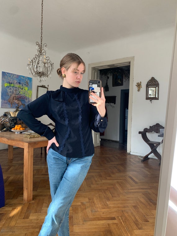Vintage Dark Blue High Neck Ruffle Blouse Blue Embroidered - Etsy