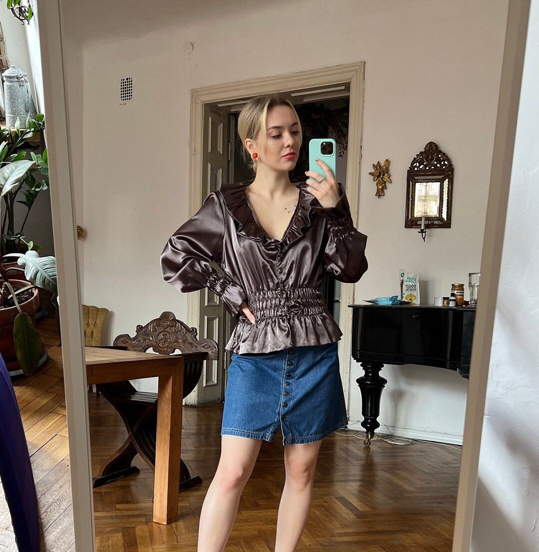 Vintage Grey Satin Ruffle Blouse, Long Sleeve Silky Top - Etsy