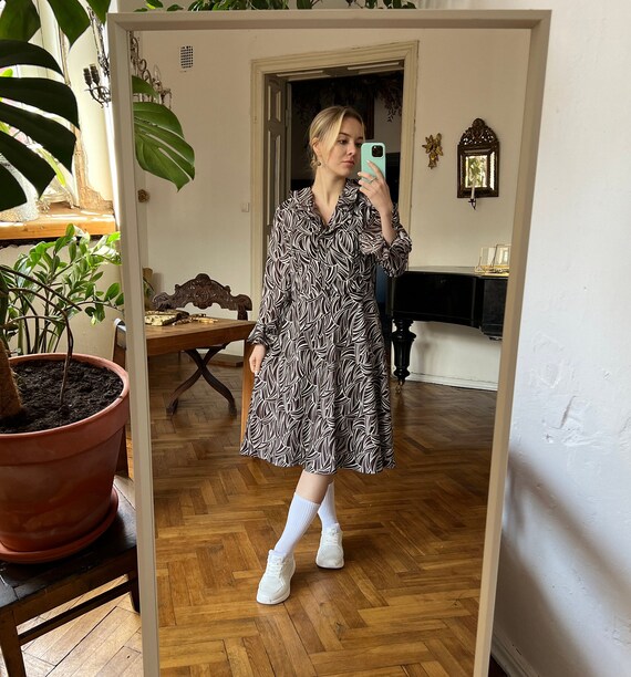 Vintage Brown Ruffle Midi Dress, Button Down Dress - Gem