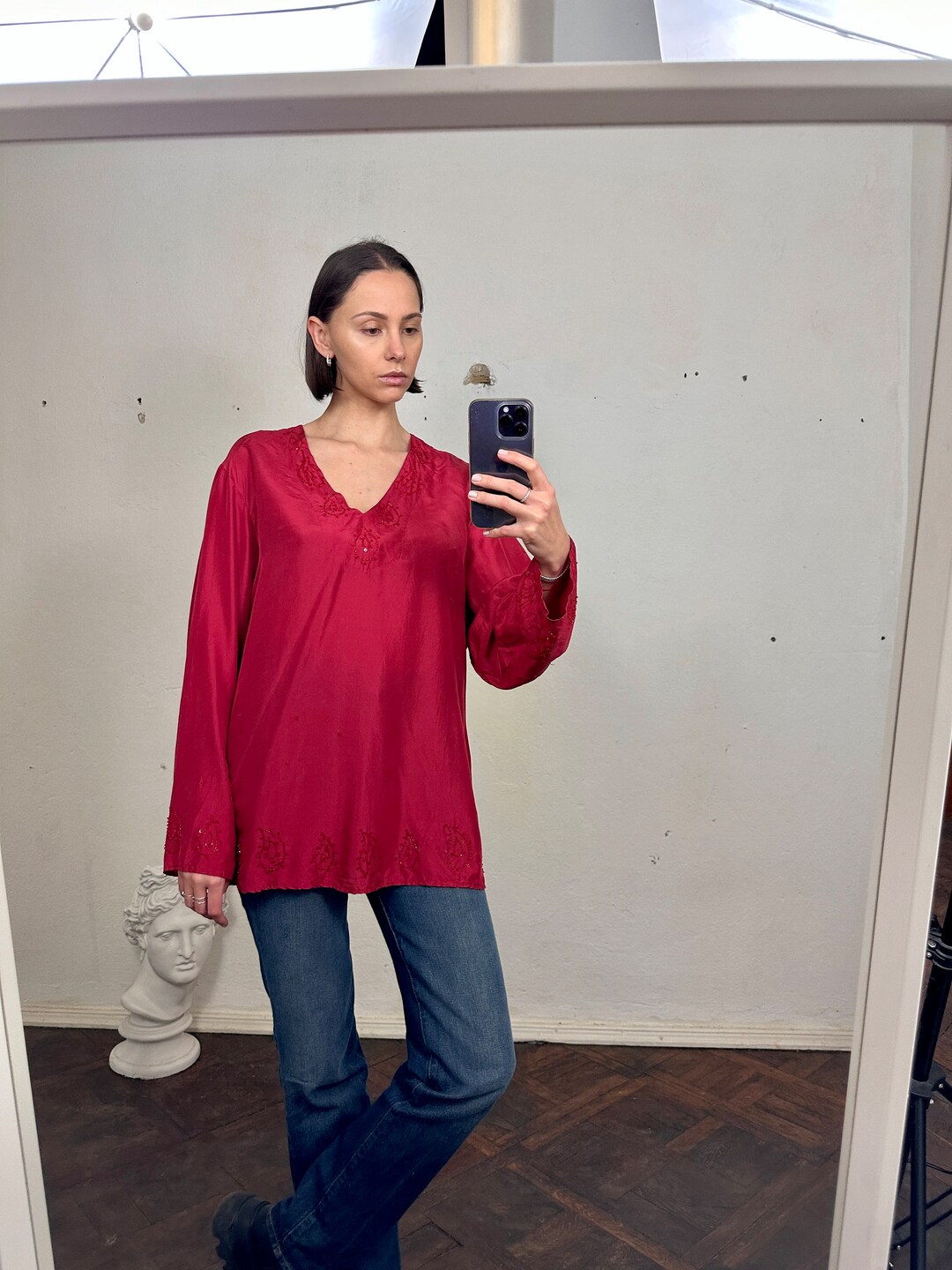 Vintage Red Oversized Silk Long Blouse, Long Sleeve Embellished Silk ...