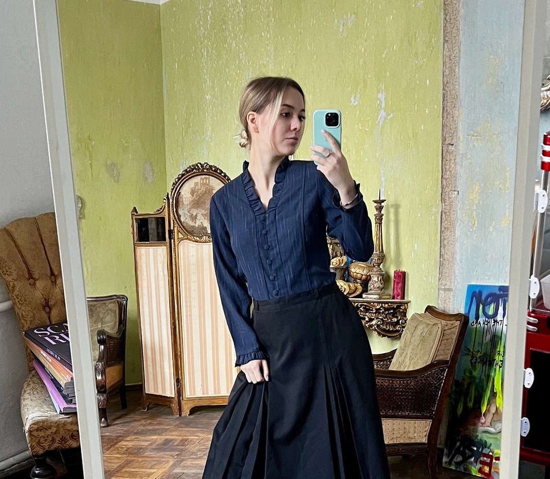 Vintage Navy Blue Ruffle Blouse, Long Sleeve Plaid Top - Etsy