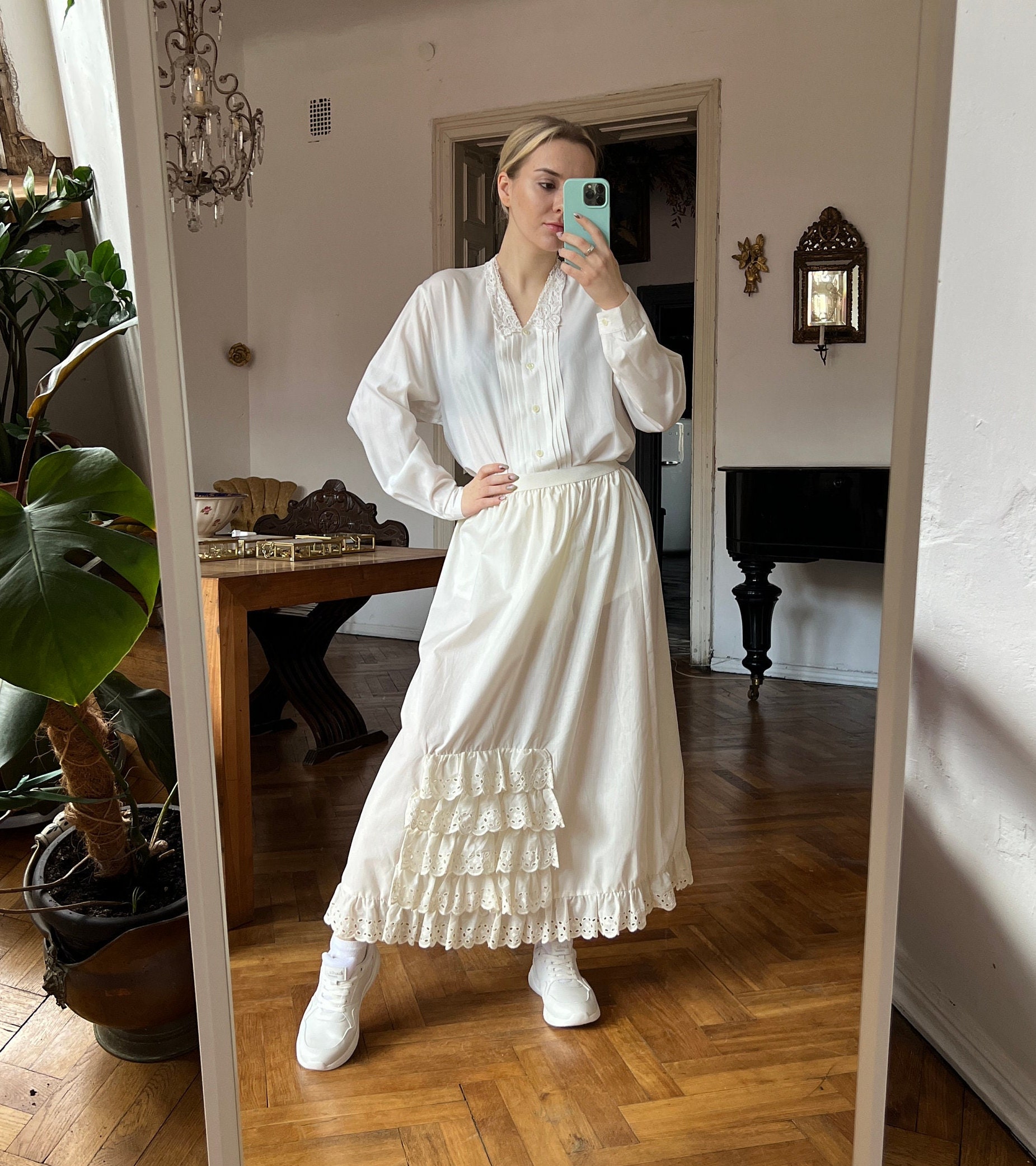 Vintage White Ruffle Midi Skirt High Waist Long Skirt - Etsy