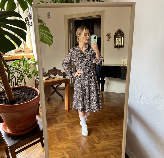 Vintage Brown Ruffle Midi Dress, Button Down Dress - Gem