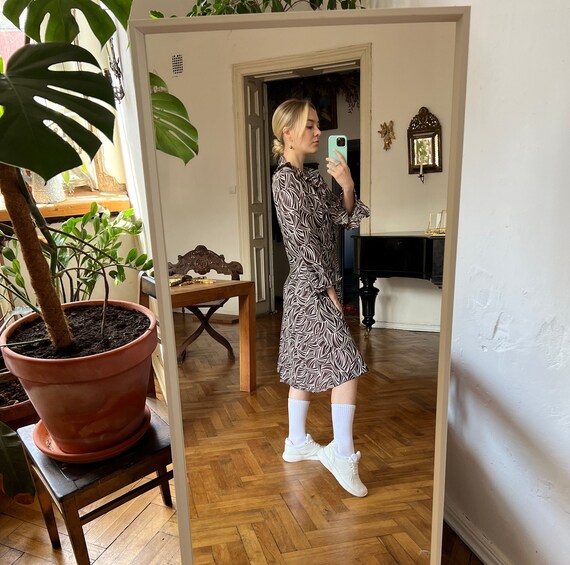 Vintage Brown Ruffle Midi Dress, Button Down Dress - Gem