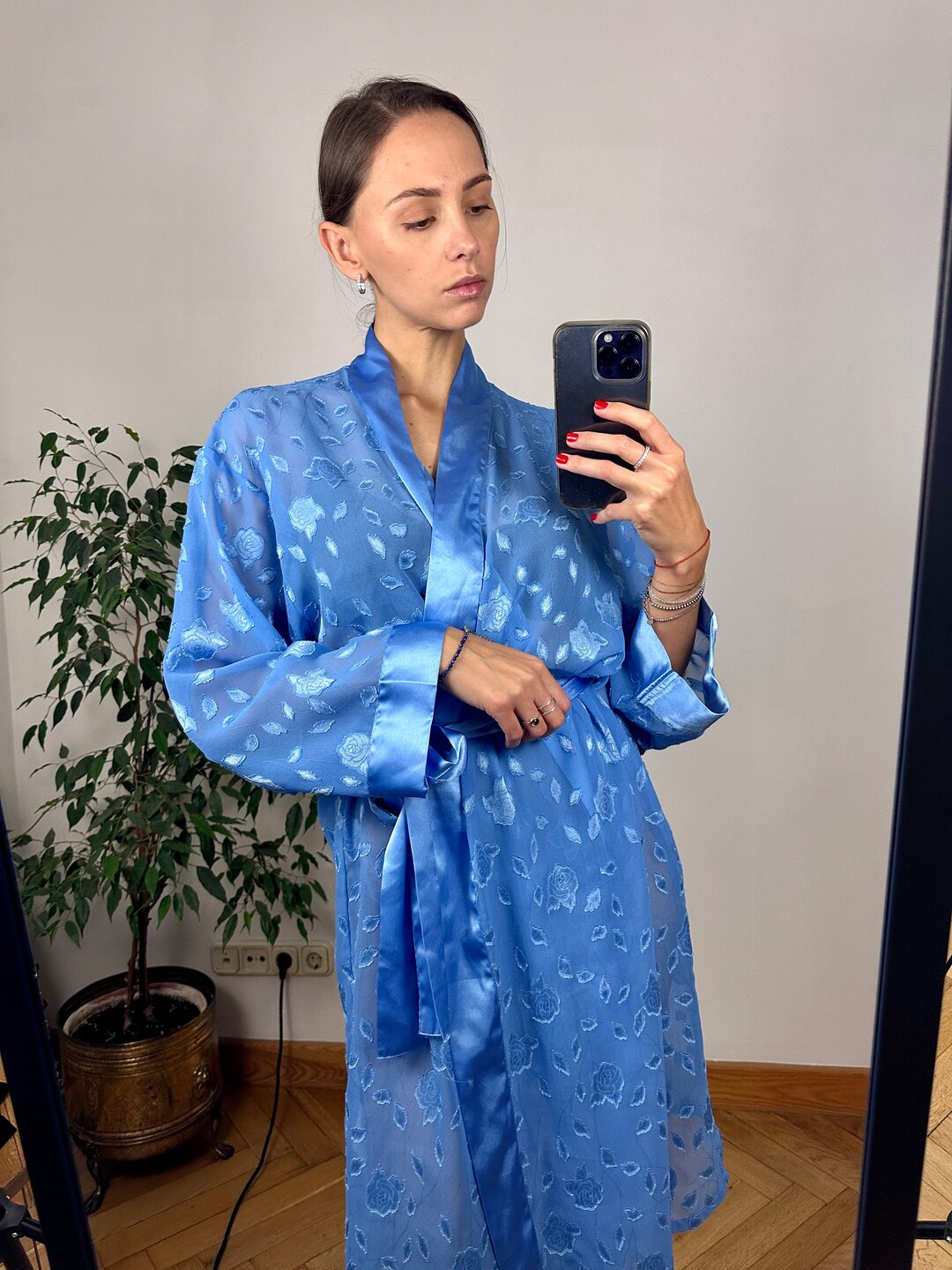 Vintage Pink Light Blue Semi-sheer Robe ,long Sleeve Sheer Floral Midi ...