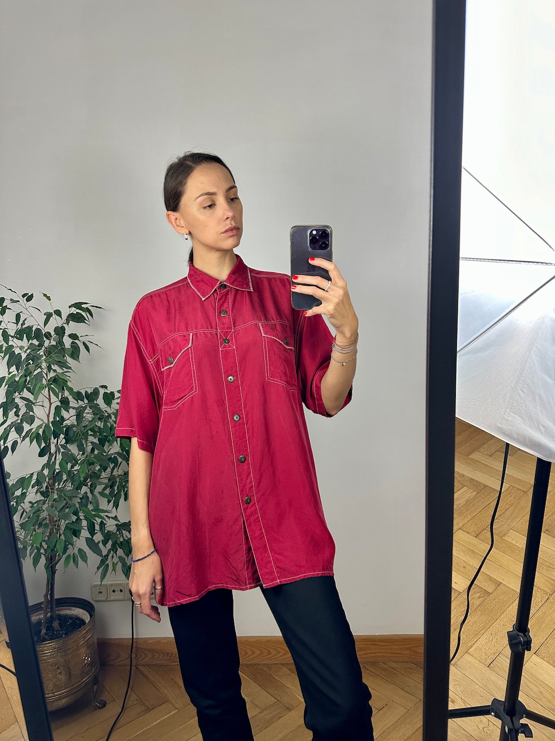 Vintage Red Silk Blouse, Short Sleeve Silk Shirt - Etsy