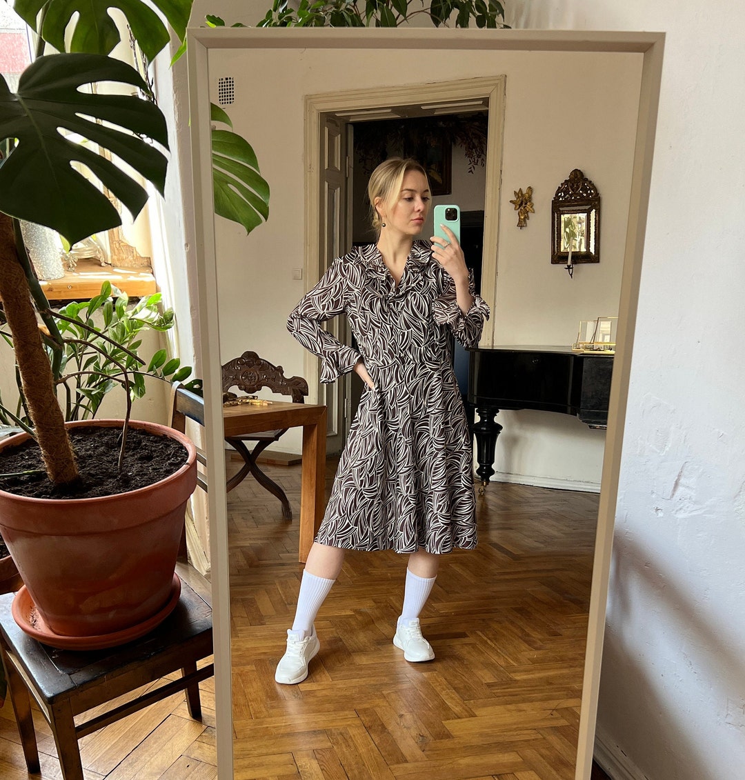 Vintage Brown Ruffle Midi Dress, Button Down Dress - Etsy