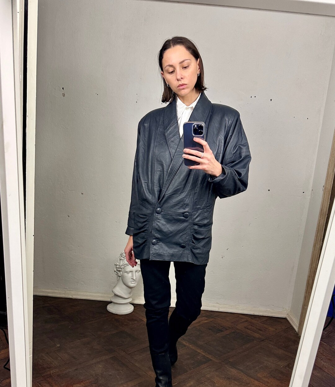 Vintage 80s Grey Leather Long Jacket - Etsy