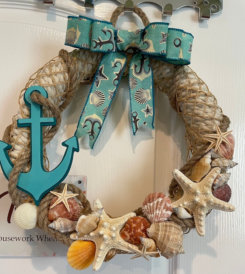Nautical Wreath With Shells and Anchor, Coastal Front Door Wreath, Star ...