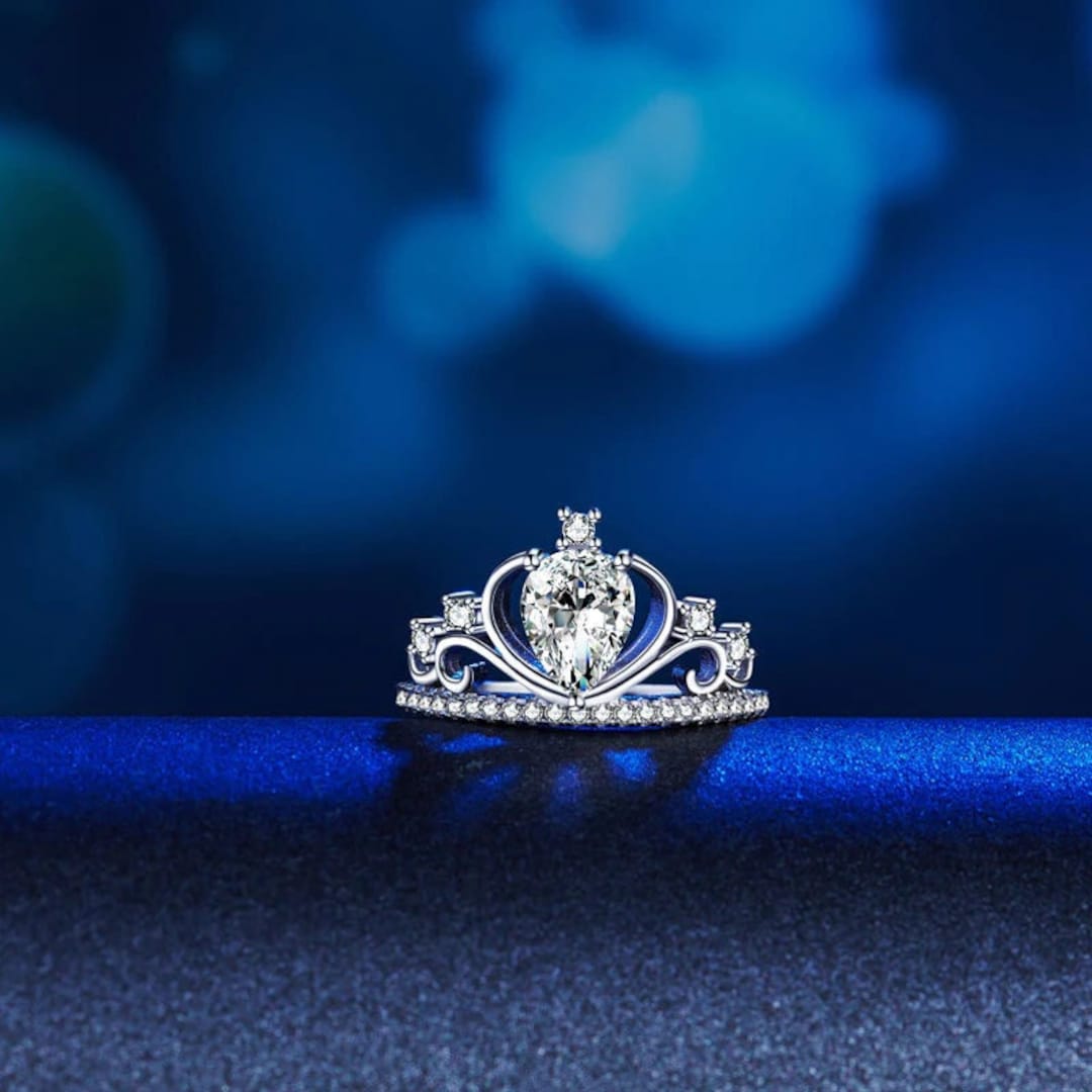Princess Tiara Ring, Queen Crown Ring, Pear Cut, 925 Sterling Silver ...