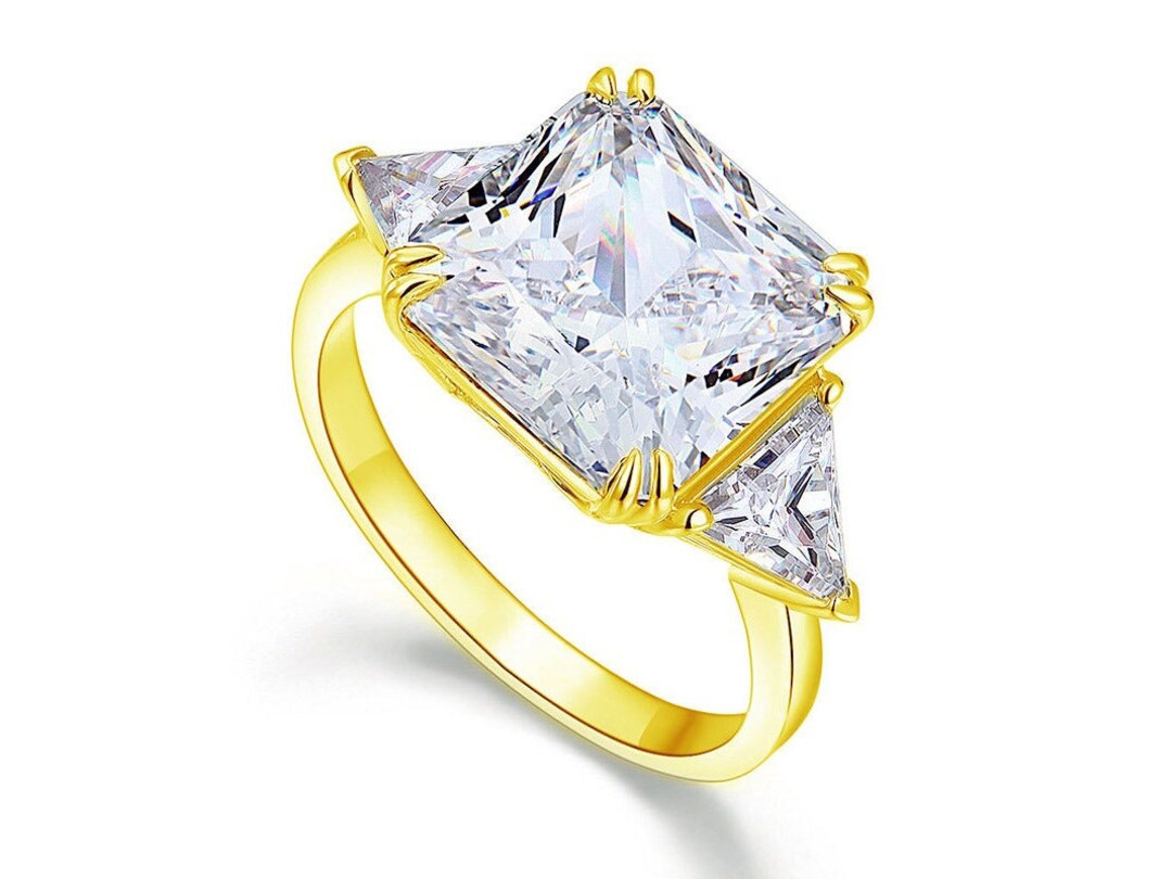 8 Ct Princess Cut Three Stone Gold Over 925 Ring, Huge Ring, Large Ring ...