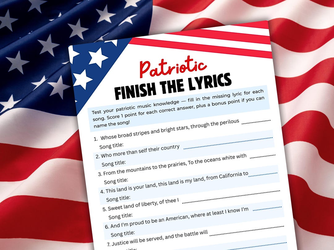 Patriotic Finish the Lyrics Game, USA Trivia (digital Download) - Etsy
