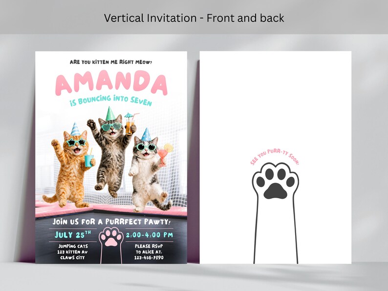 Girl Jump Kittens Birthday Invitation, Personalized Cats Trampoline ...