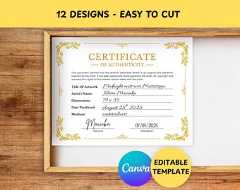Certificate of Authenticity for Art, Editable Artist Certificate of ...