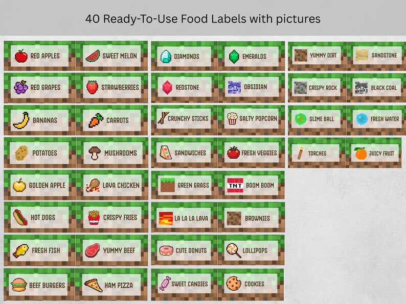 Mine Gaming Party Food Labels, Editable Gamer Food Tents (digital ...