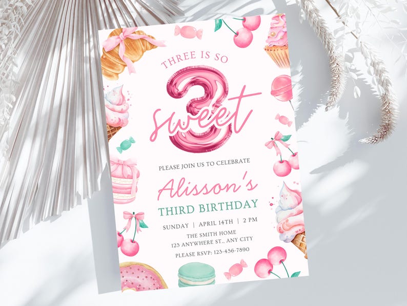 Sweet Three Pink Birthday Invitation, Personalized Girl's 3rd Party ...