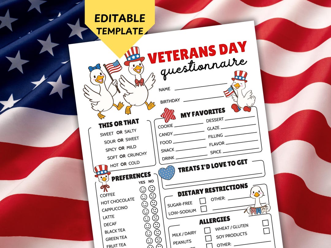 Veterans Day Questionnaire, Printable PDF Gift Preference Form - Etsy