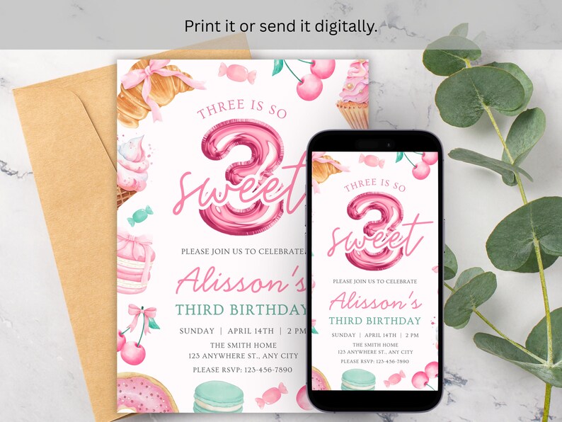 Sweet Three Pink Birthday Invitation, Personalized Girl's 3rd Party ...