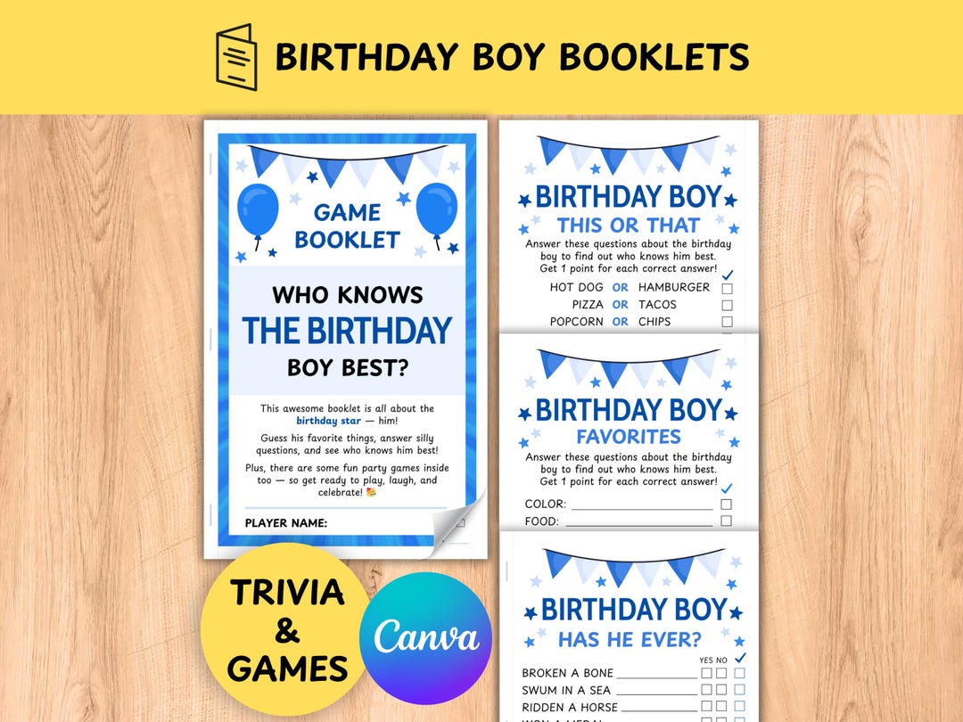 Birthday Boy Trivia Game Booklet: Editable Printable Party Games (PDF ...